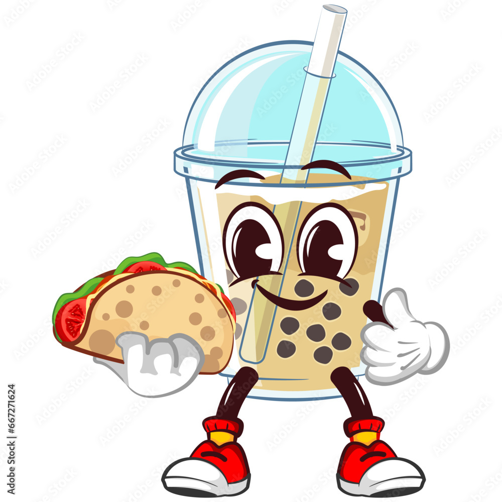 character mascot of a glass of iced boba with a funny face carrying a ...