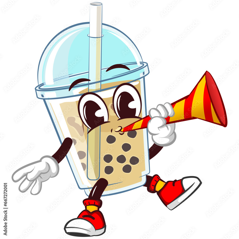 character mascot of a glass of boba ice with a funny face blowing a ...