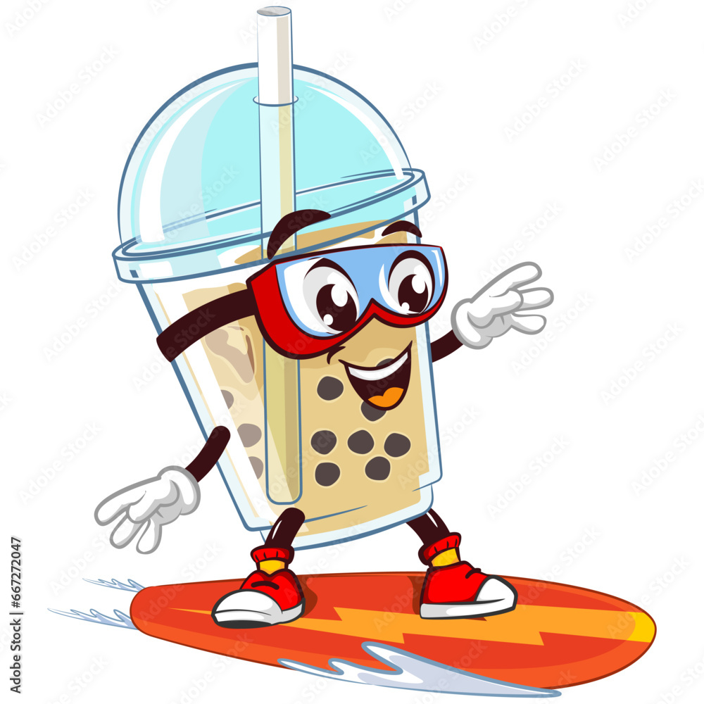 character mascot of a glass of boba ice with a funny face surfing using ...