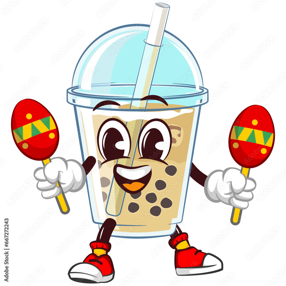 mascot character of a glass of boba ice with a funny face playing ...