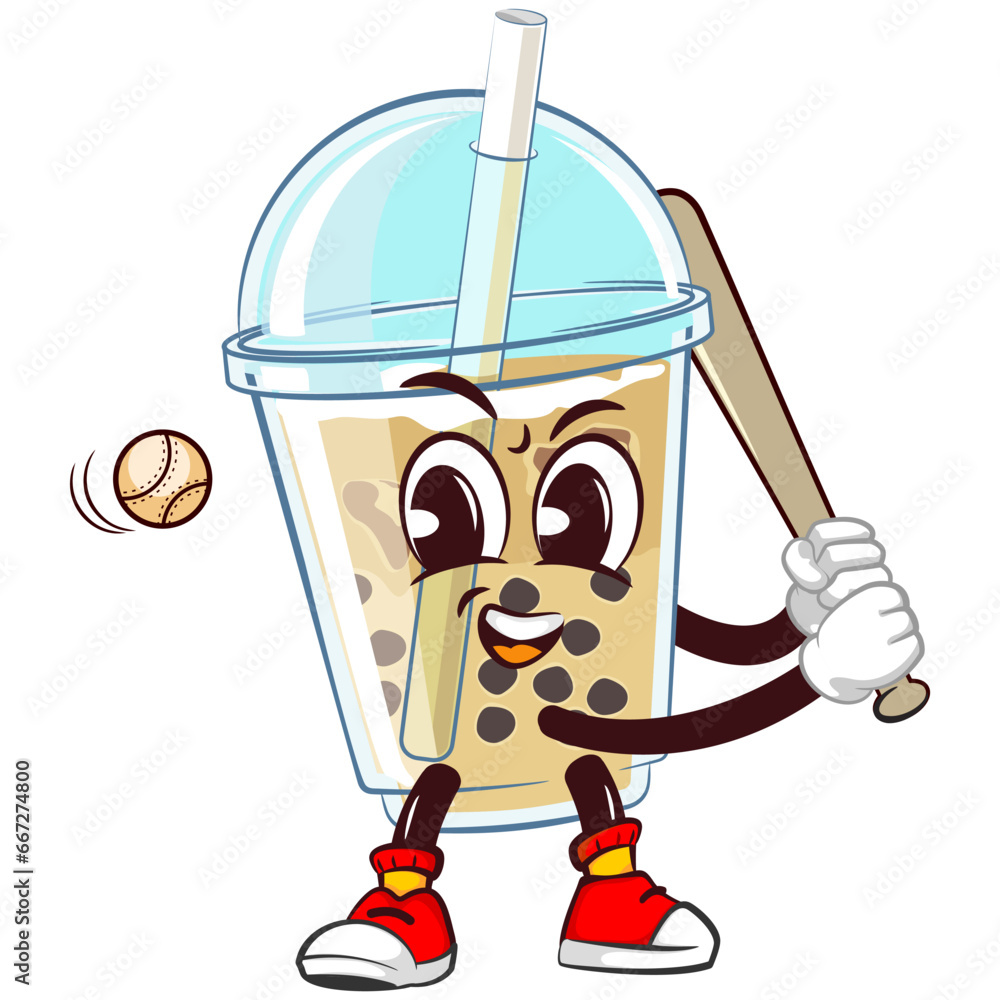 character mascot of a glass of boba ice with a funny face playing ...