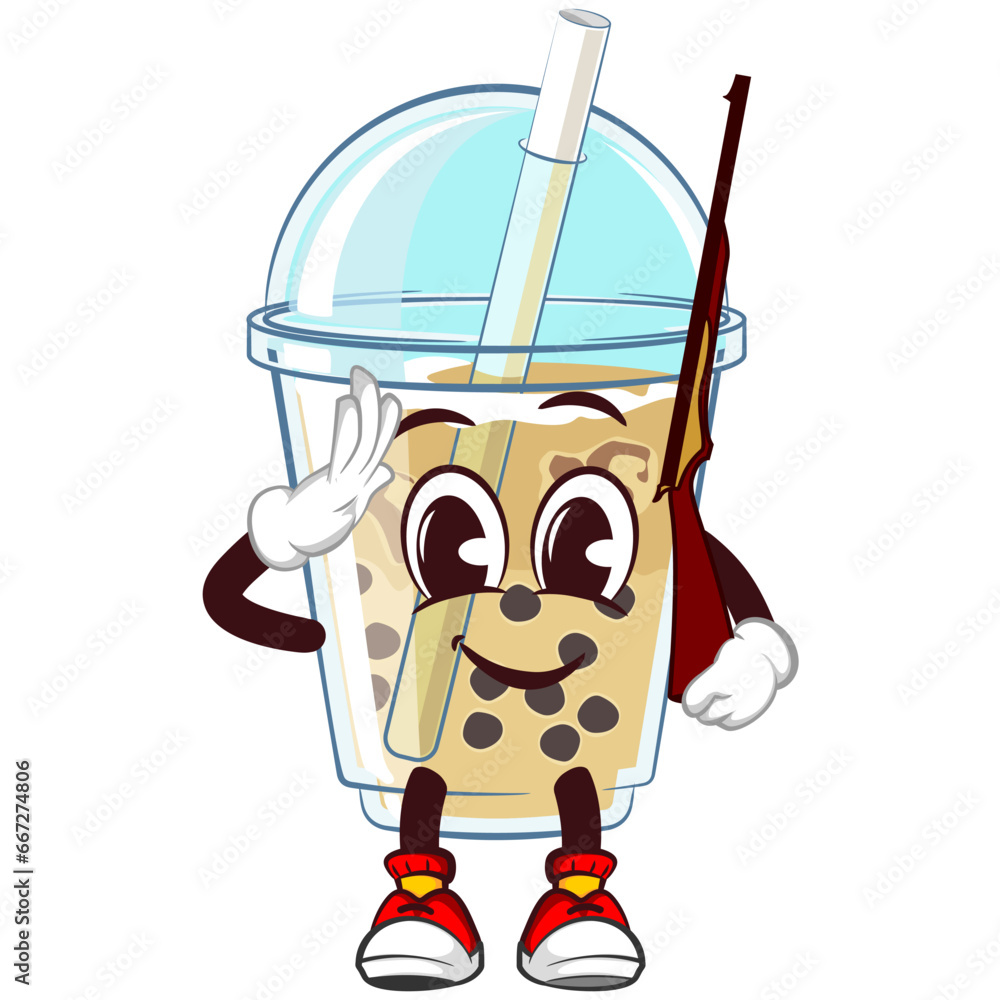 mascot character of a glass of iced boba with a funny face in an ...