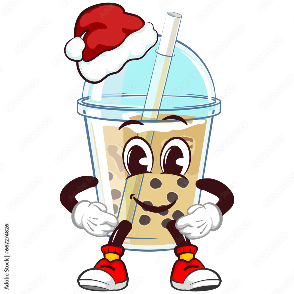 character mascot of a glass of boba ice with a tired funny face wearing ...