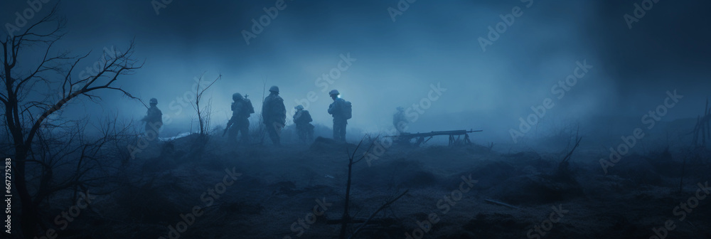 Ethereal dreamscape, ghostly apparitions of fallen soldiers rising from ...