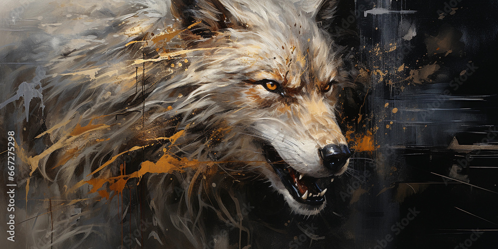 Expressive abstract wolf, avant - garde, long flowing hair, metallic ...
