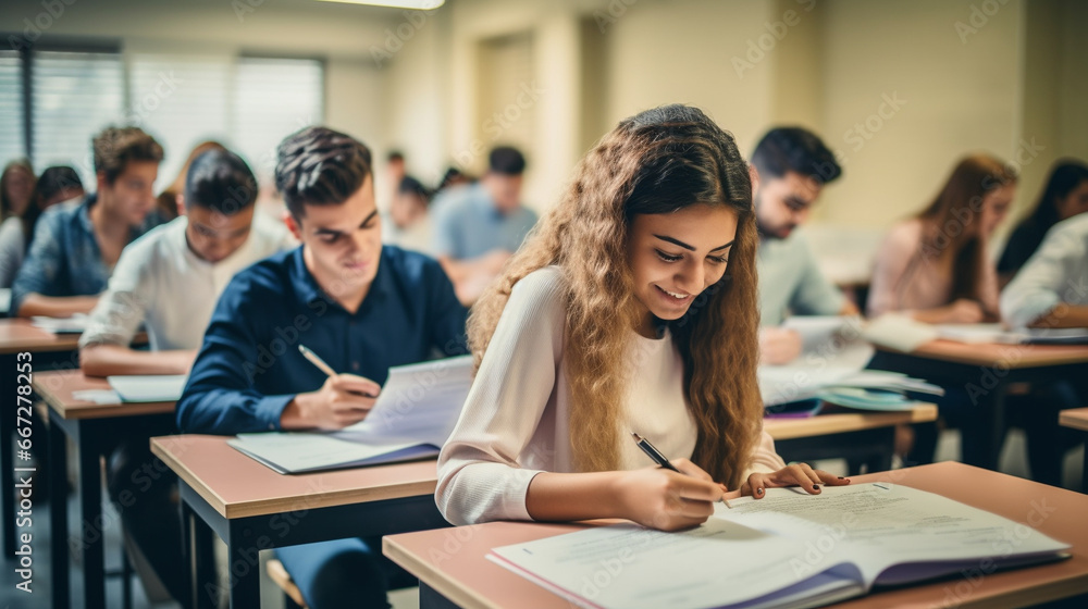 Group of students is taking exams on a subject in the class. Stock ...