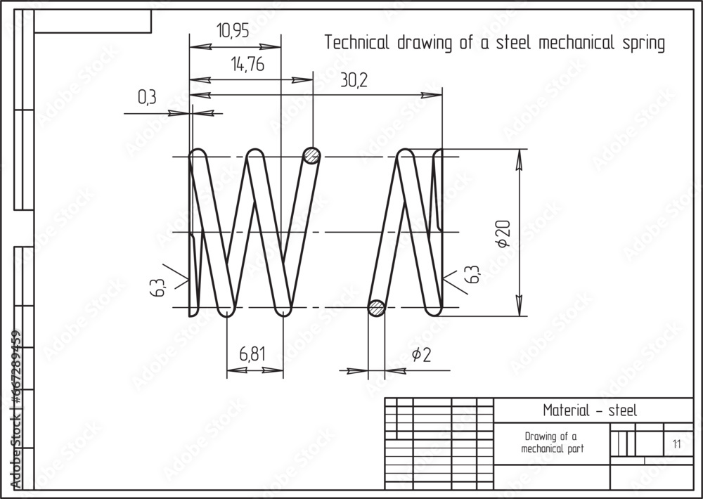 Vector technical drawing of a mechanical spring with dimensions ...