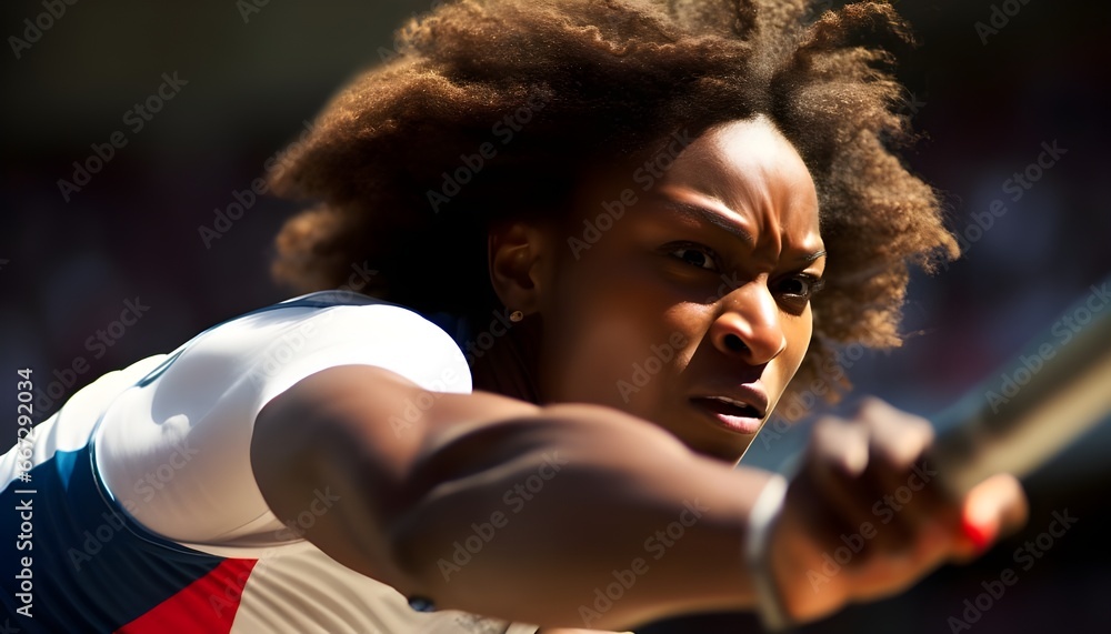 Olympic athlete in close-up, throwing a javelin at the olympic games ...