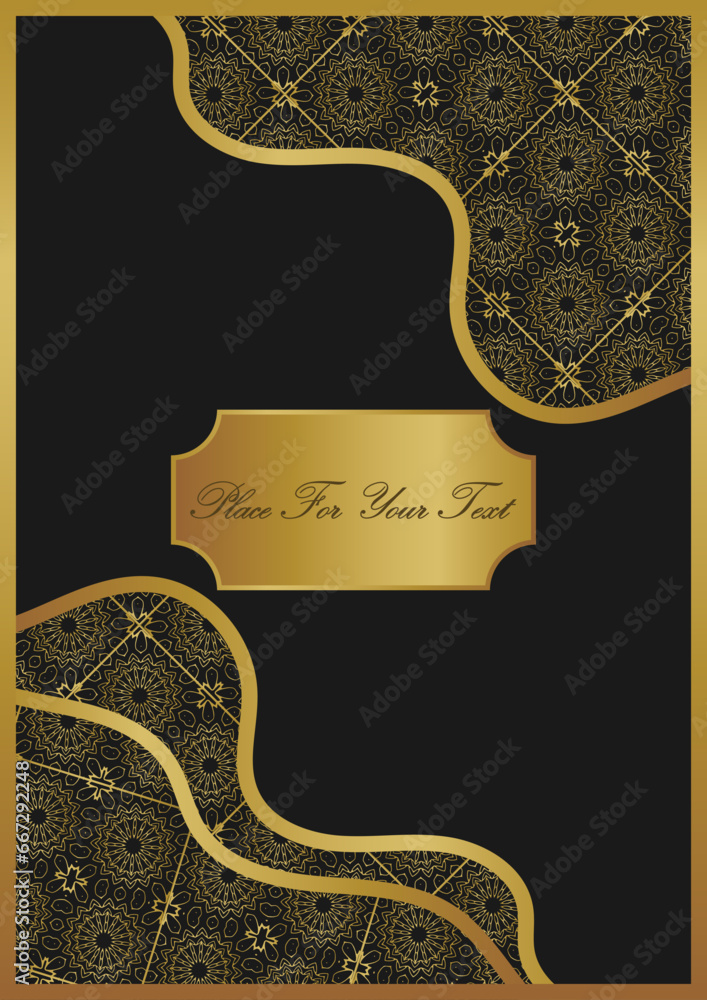 Title page in A4 format with gold decoration on a black background ...