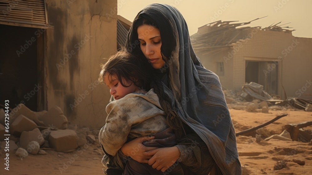 crying arabic mom carrying a child against the background of a ...