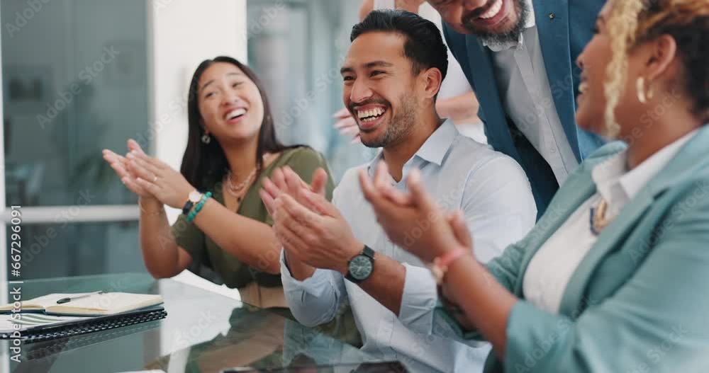 Success, winner and applause with business people and handshake for ...