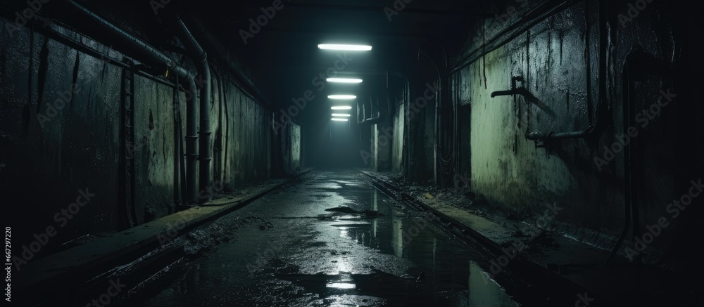 Dimly lit passageway in abandoned Soviet bunker with dark undertones ...