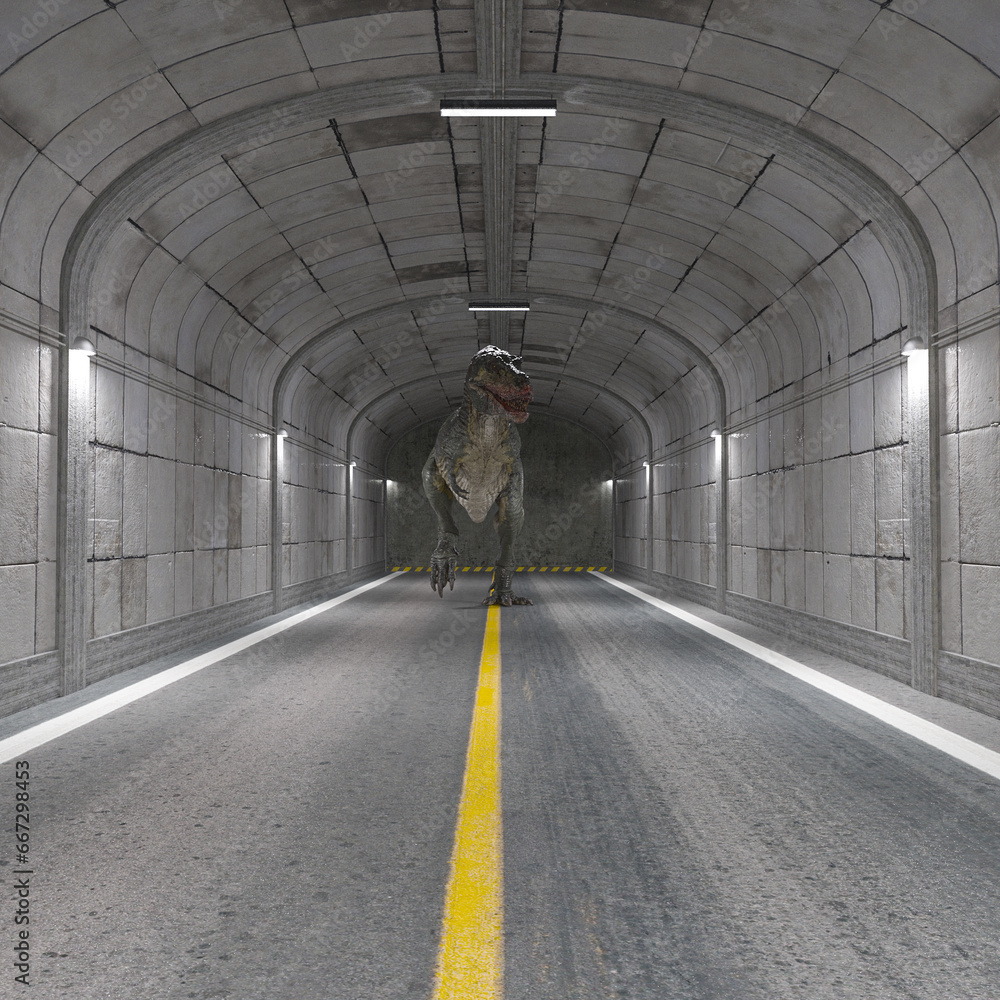 tyrannosaurus rex is standing up on the road inside the tunnel Stock ...