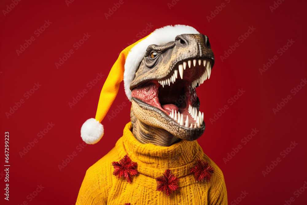 Dinosaur predator with open mouth wearing yellow Christmas hat and ...