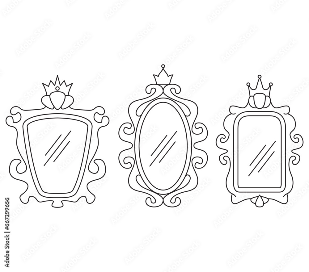 Mirrors with reflections.Antique accessory.Princes magical mirror.Hand drawn doodle mirror with ...