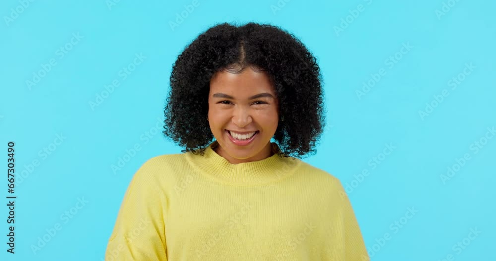 Face, call me and funny woman pointing isolated on a blue background ...