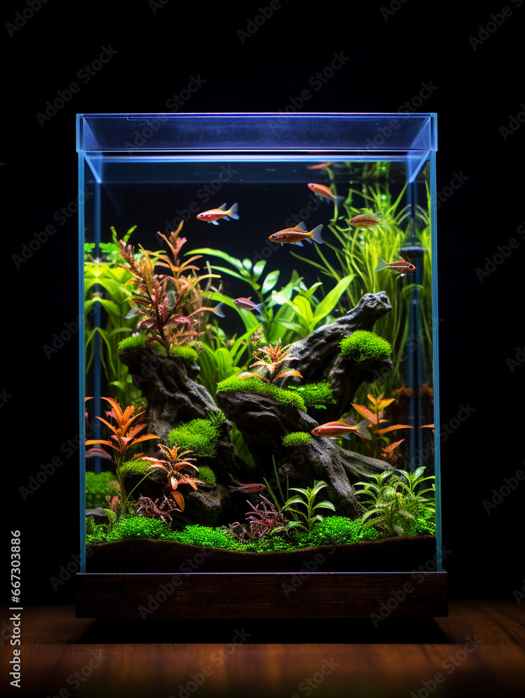 fish tank filled with guppies and neon tetras, vibrant plants like Java ...