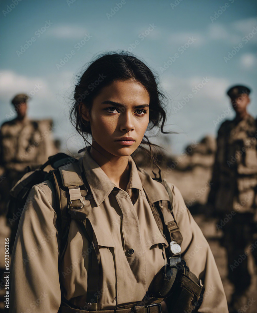documentary photography, girl among soldiers, dark skin, sadness ...