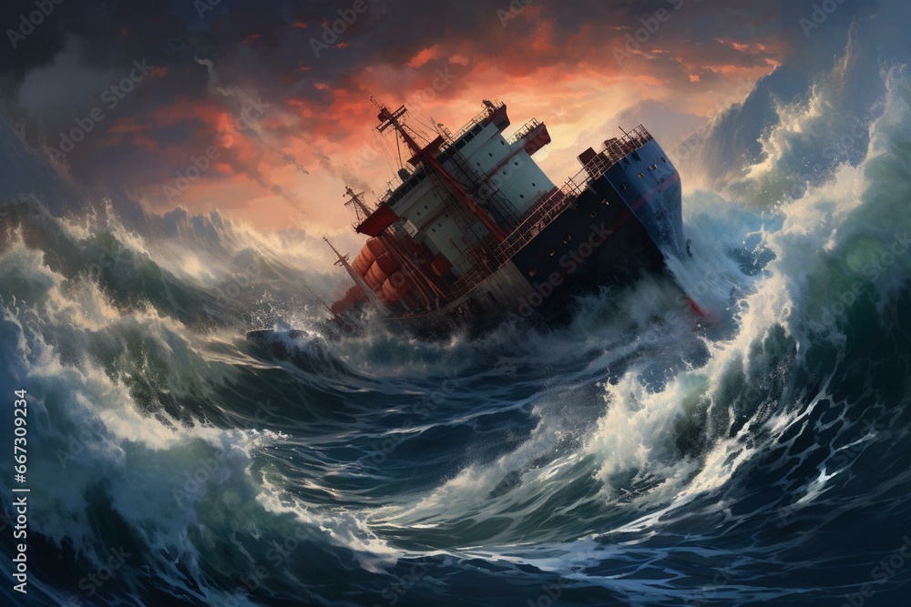 An illustration depicting the sinking of a cargo ship due to powerful ...
