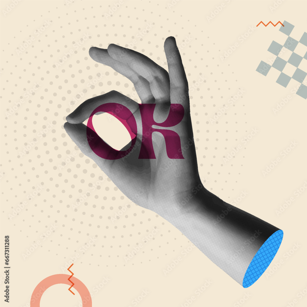 Ok hand sign and text in retro collage 90s style vector illustration ...