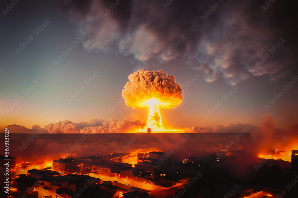 Giant nuclear fireball mushroom cloud over a burning anf smoke filled ...