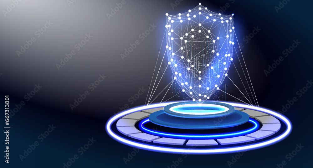 Shield 3d low poly symbol with connected dots for blue landing page. Guard shield. Cyber ...