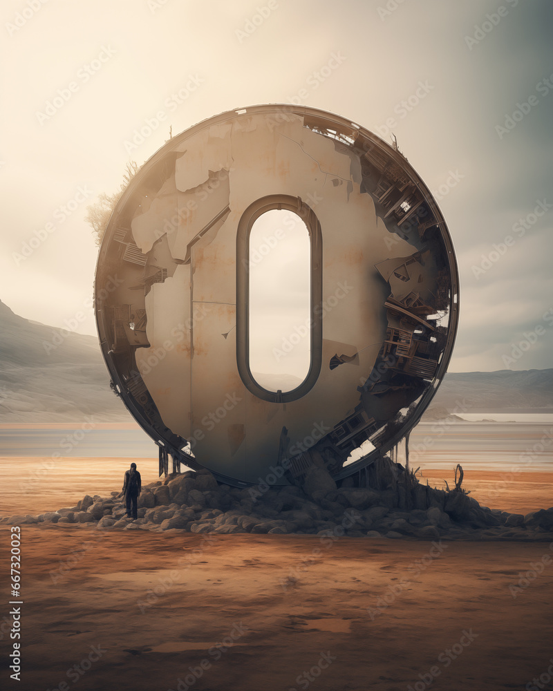 A colossal zero-shaped monument stands prominently in a deserted ...