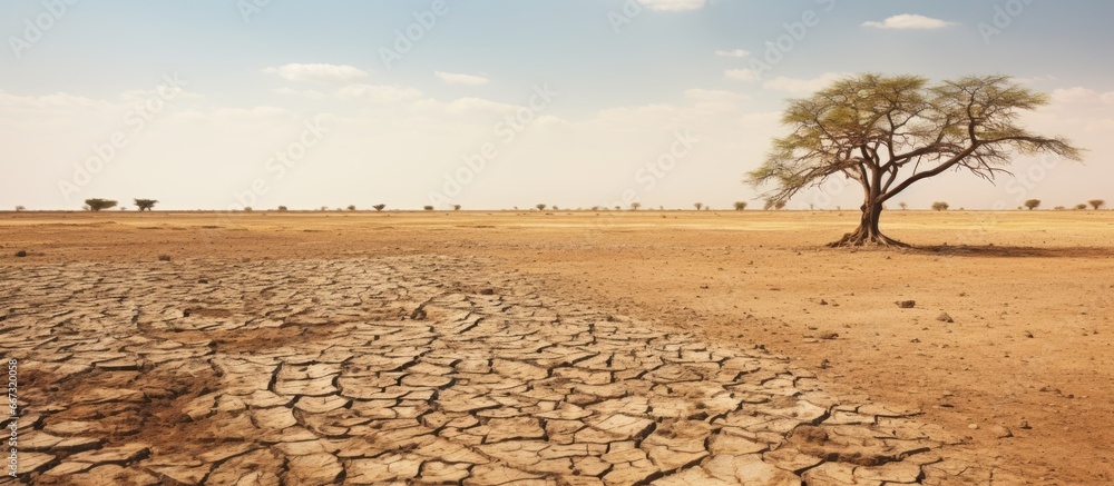 Dry landscape with eroded soil and sparse acacia trees showing signs of ...