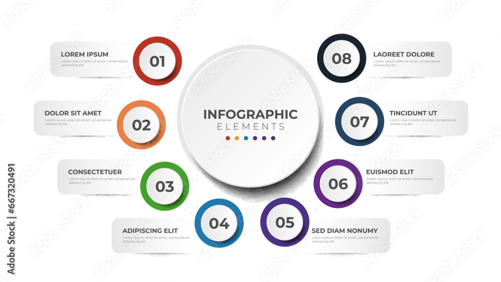 8 list of steps, circular layout diagram with number of sequences, infographic element template ...