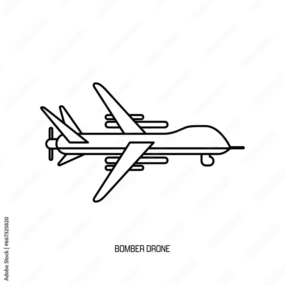 Bomber drone or surveillance drone in outline flat icon. Unmanned ...