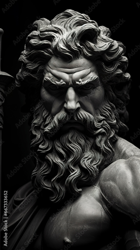 Illustration of marble statue of a Greek god in black and white ...