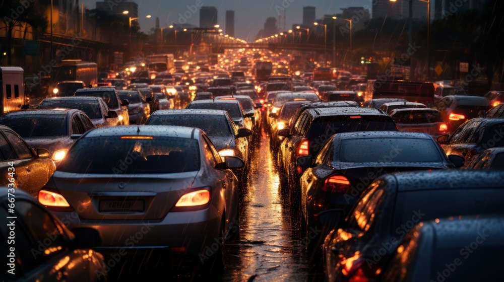 Vehicles are lined up bumper to bumper, caught in a traffic jam due to ...