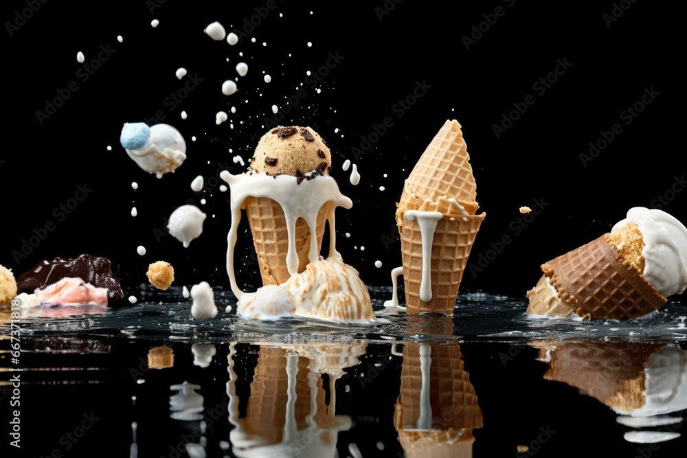 Closeup of ice cream cones falling into water with splashes and bubbles ...