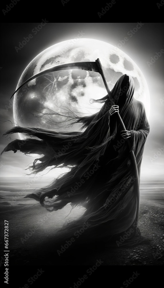 The grim reaper, angel of death, holding a sickle and wearing a black ...