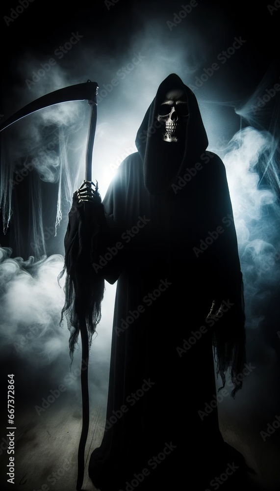 The grim reaper, angel of death, holding a sickle and wearing a black ...