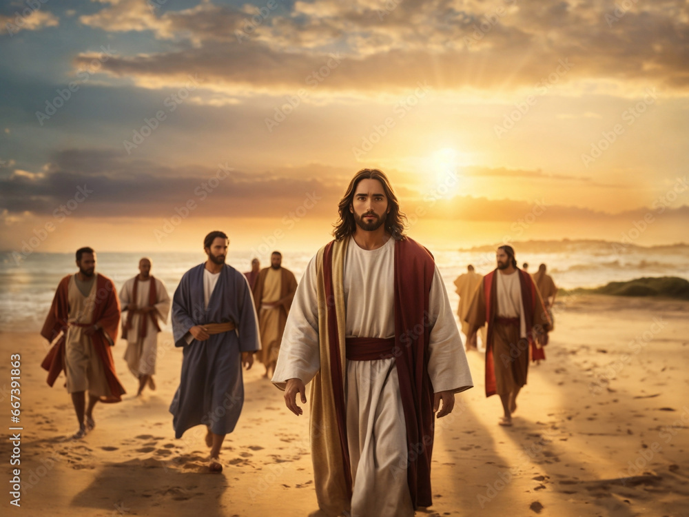 Jesus walking with his disciples at the beach ilustração do Stock ...