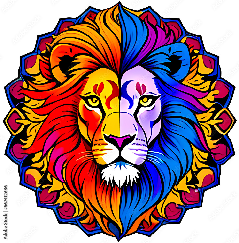 brightly colored red/blue lion head icon logo symbol emblem on ...