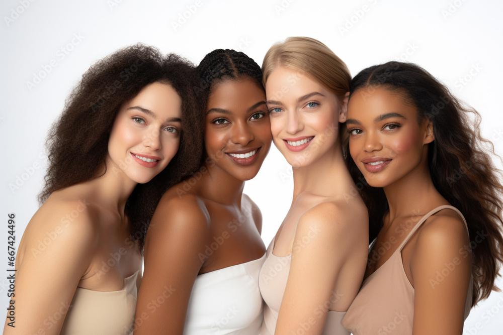 Diverse women with radiant complexions on a studio background ...