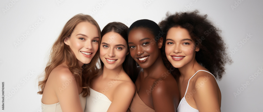 Diverse women with radiant complexions on a studio background ...