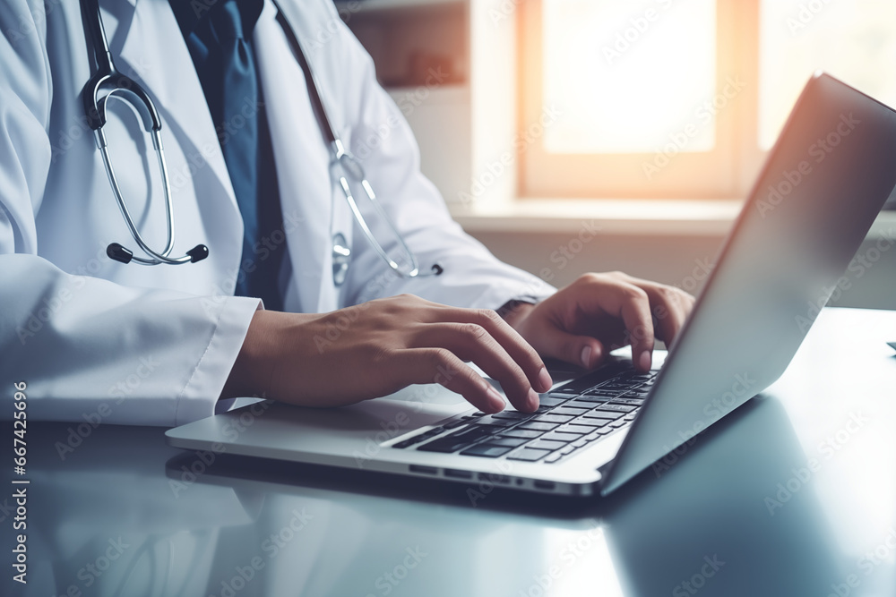 Close up of male doctor working and typing on laptop computer at doctor ...