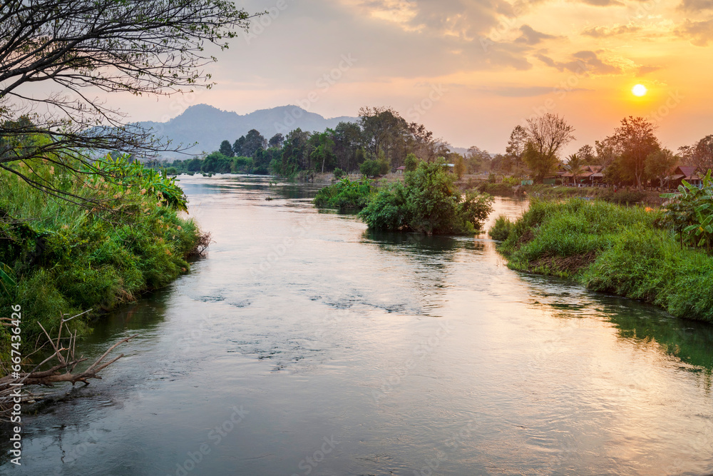 Sunset view from Don Det-Don Khon historic railway bridge,crossing the ...