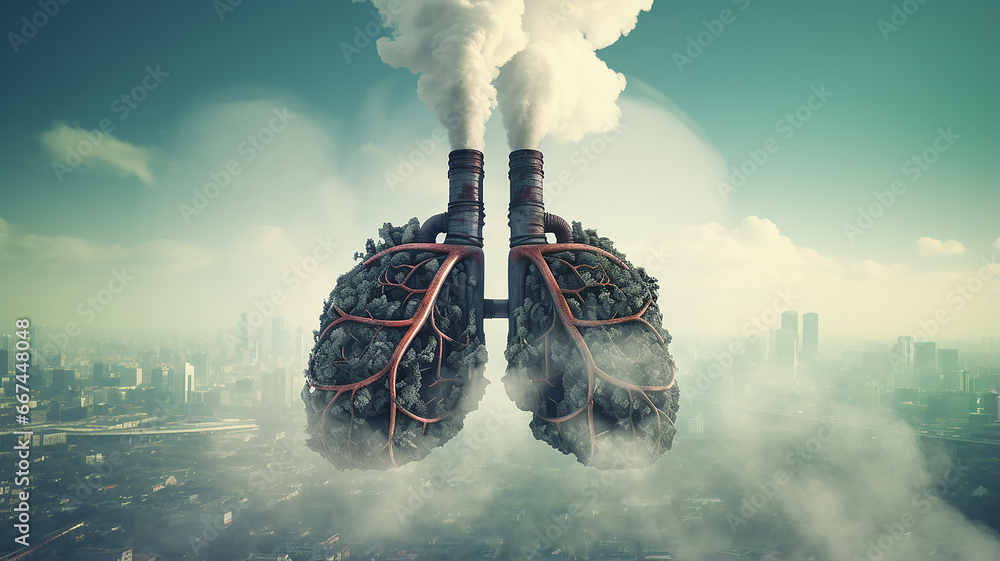 carbon footprint, smoke pollution of the atmosphere, pipes with smoke ...