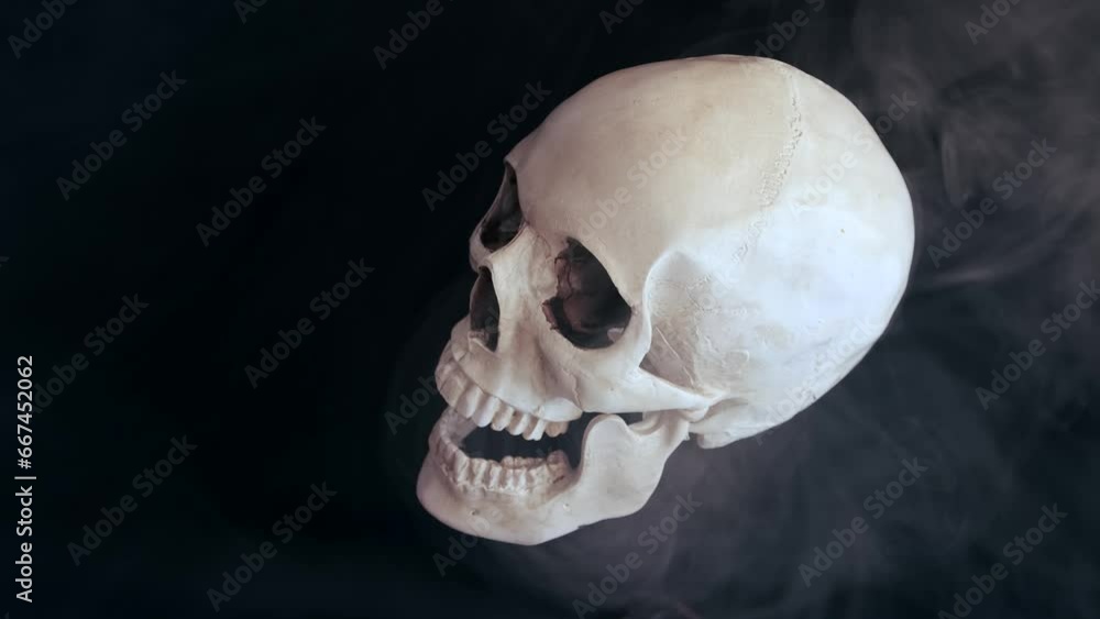 Hyper realistic model of human white skull slowly rotates in fog on ...