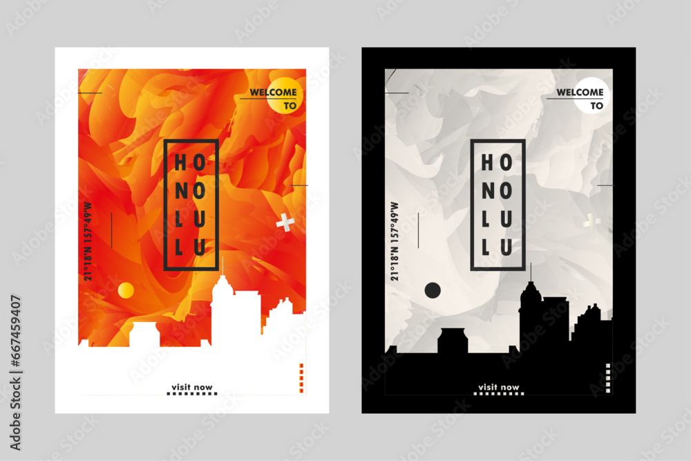 USA Honolulu city poster pack with abstract skyline, cityscape ...