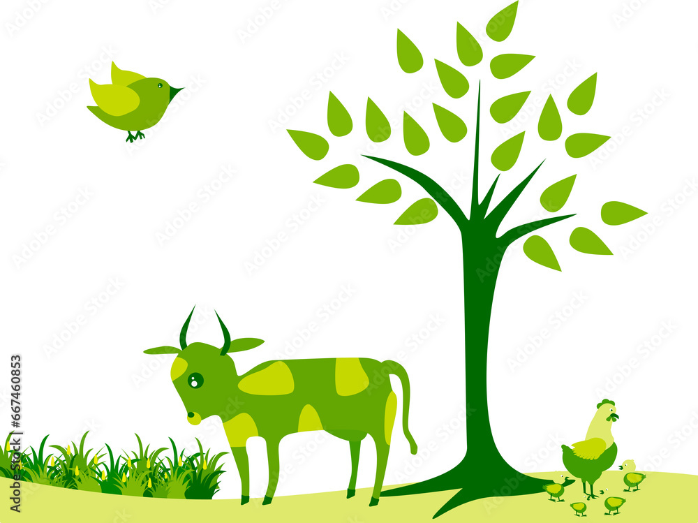 PNG icon of animals in green colour. There is a cow, a hen, a bird and ...