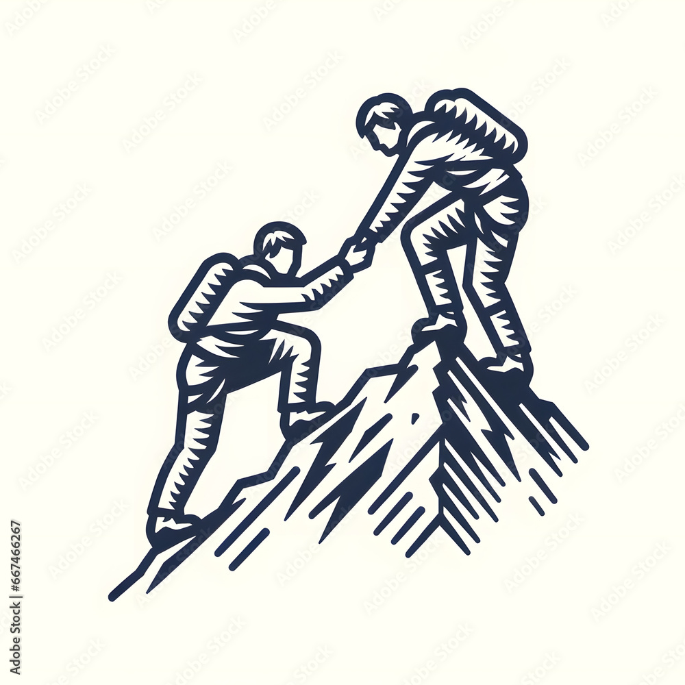 line art vector icon of two climbers working to reach the mountain ...