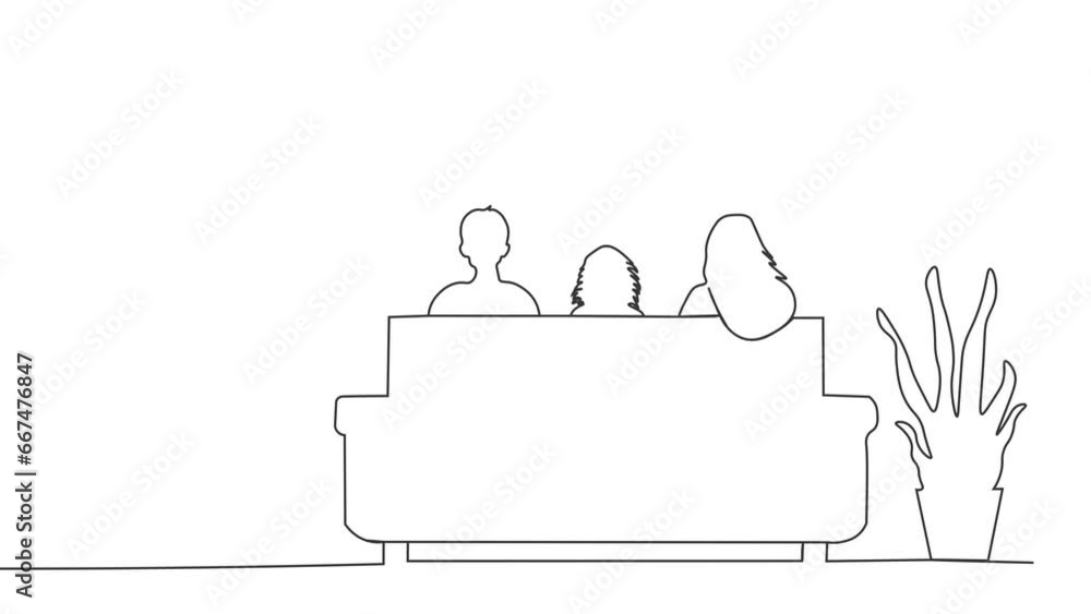 Family Watching TV Drawing single line animation on white background ...