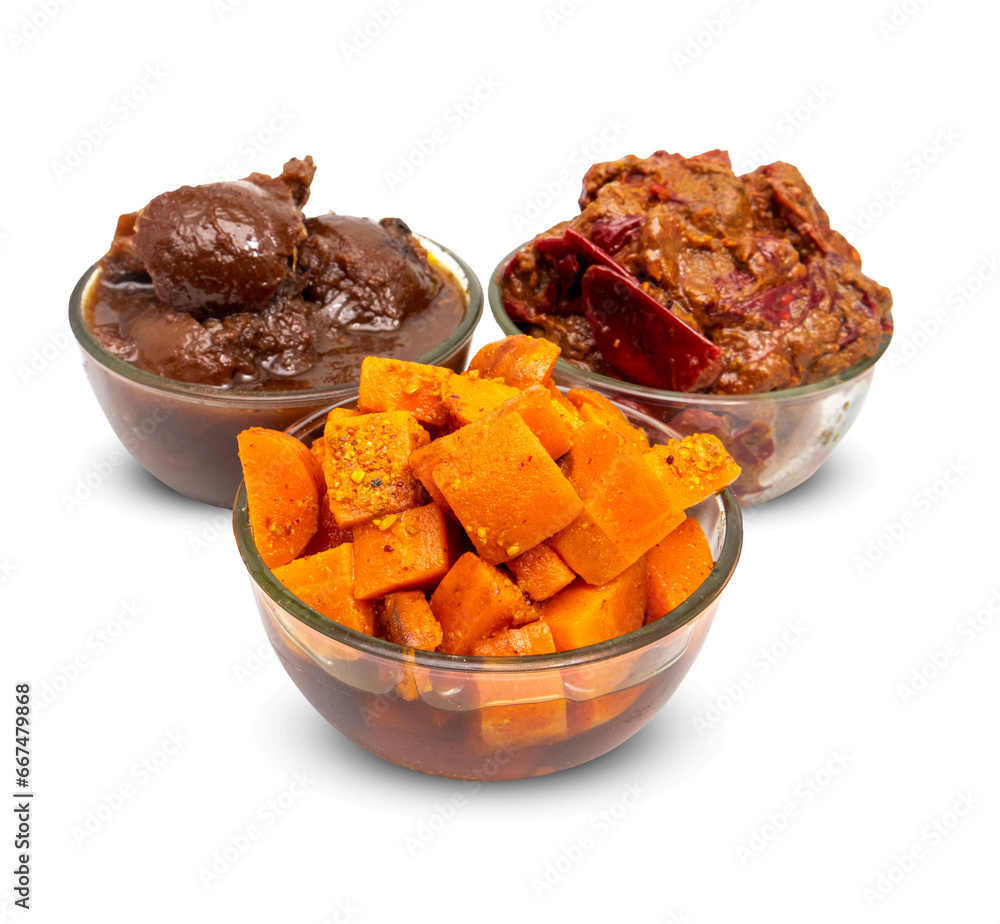 Homemade indian pickle of red chili, lemon and carrot pickle, also know ...