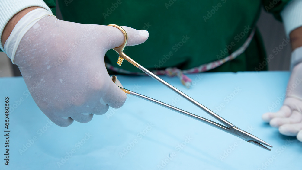 Man's hand in a white glove holding Halsey Needle Holder. This Halsey ...