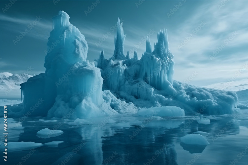 Magic ice castle on iceberg at frozen landscape generative ai Stock ...